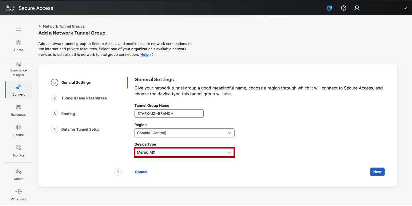 Deploy a Network Tunnel in Cisco Secure Access with Meraki MX